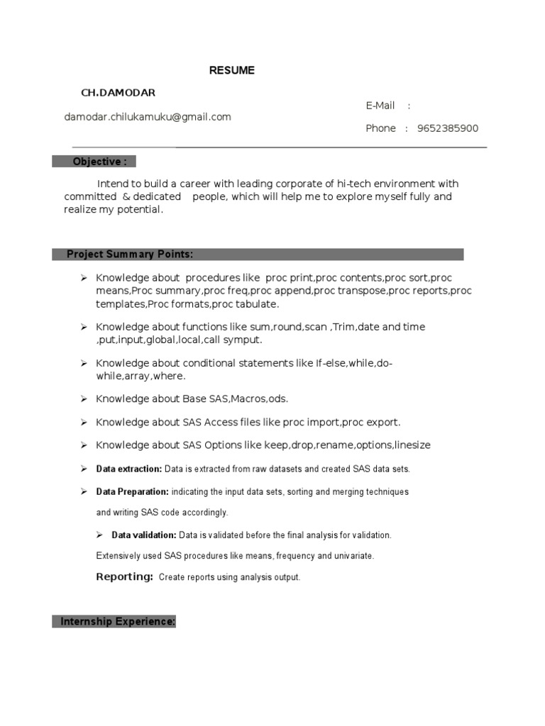 Sas Fresher Resume Damodar | PDF | Sas (Software) | Information ...