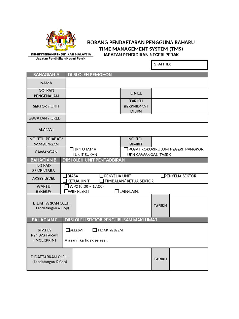 Borang Permohonan Pendaftaran Pengguna Baharu Tms | PDF