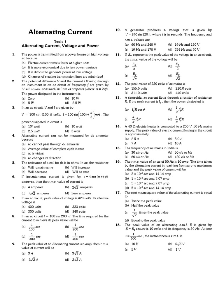 Alternating Current MCQ | PDF | Inductor | Inductance