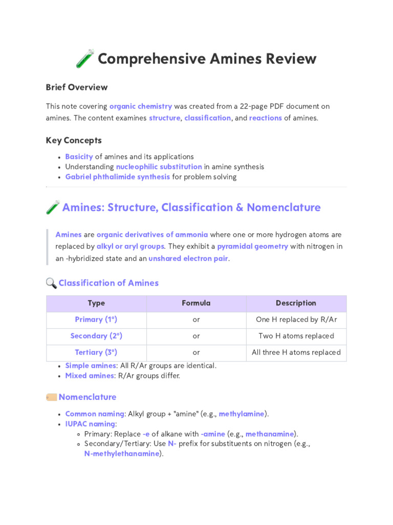 Comprehensive Guide to Amines in Chemistry | PDF | Amine | Chemical ...