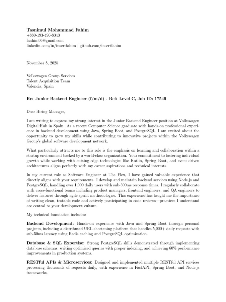 Tasnimul Fahim Cover Letter VW | PDF | Postgre Sql | Information Technology