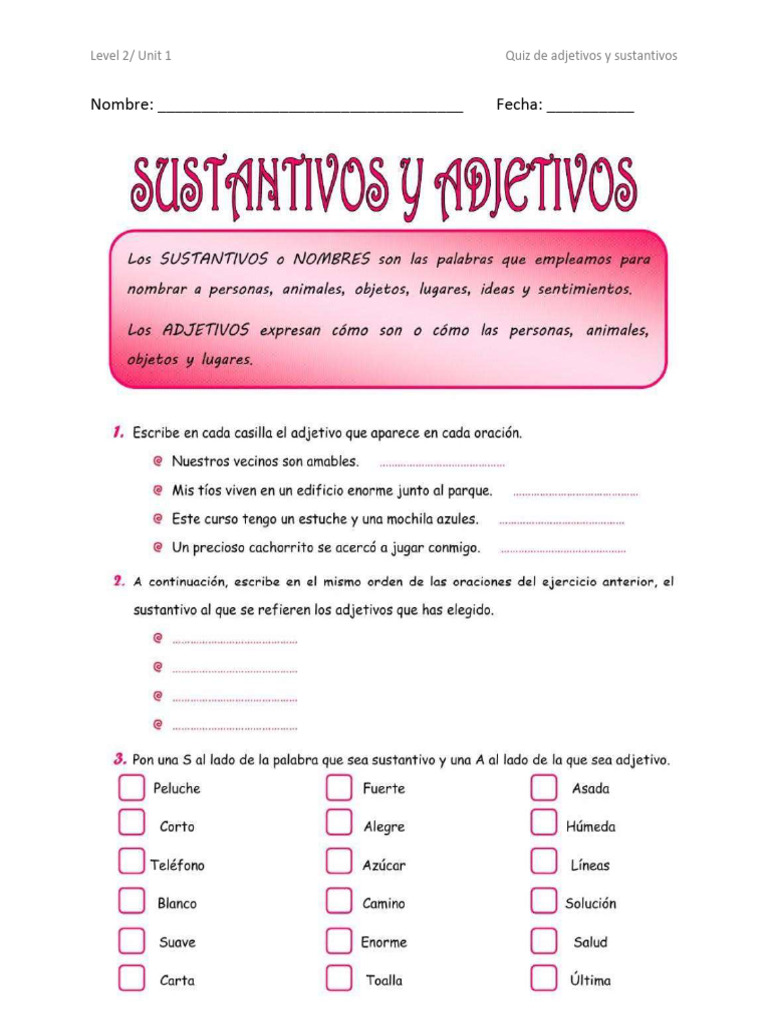 Spanish Nouns and Adjective Quiz | PDF