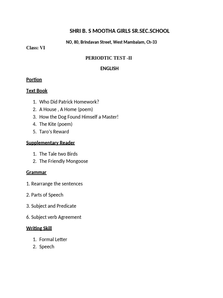 Class 6 Eng Mt-1 Portion & Pattern | PDF