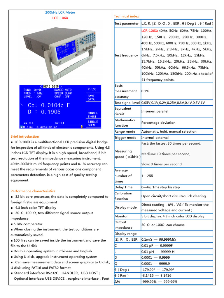 200kHz LCR Meter LCR-106X Overview | PDF | Usb | Computer Engineering