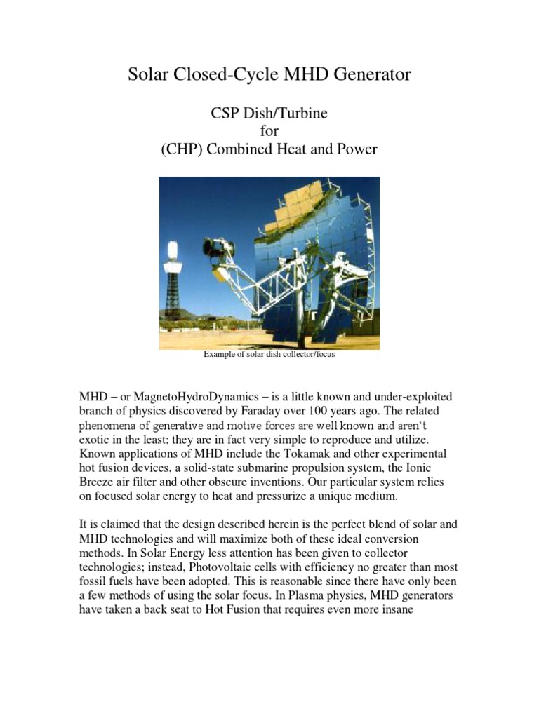 Solar Closed-Cycle MHD Generator: CSP Dish/Turbine For (CHP) Combined ...