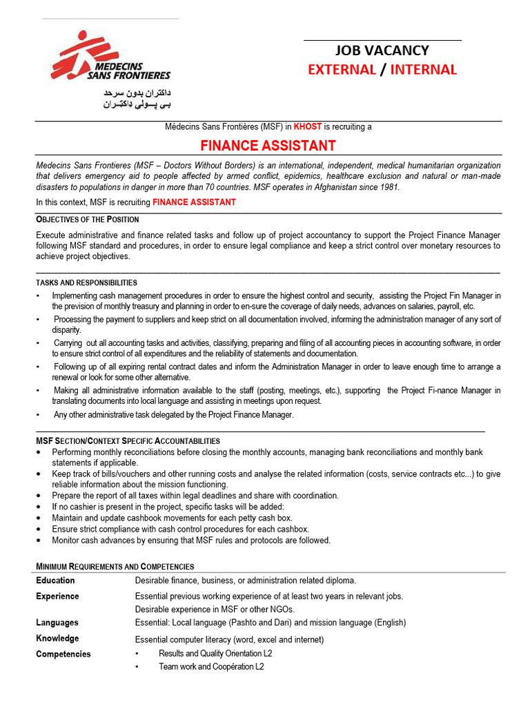 Job Vacancy Finance Assistant Khost | PDF | Médecins Sans Frontières ...
