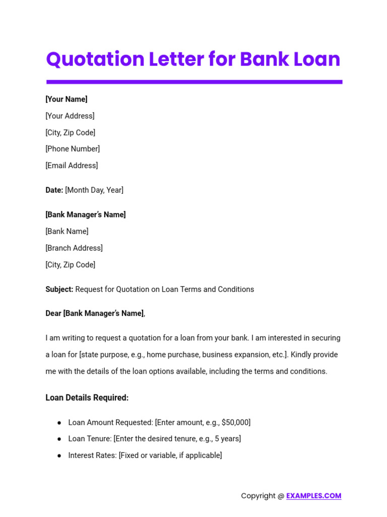 Bank Loan Quotation Request Letter | PDF