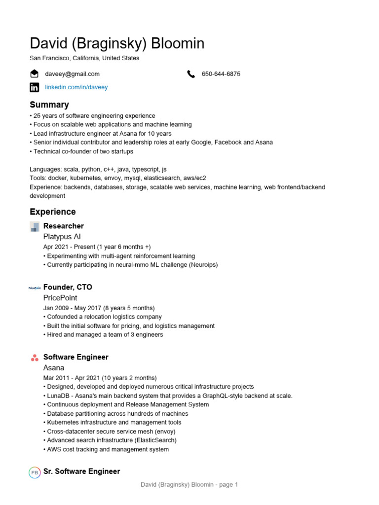 David Braginsky: Software Engineer Profile | PDF | Computing ...
