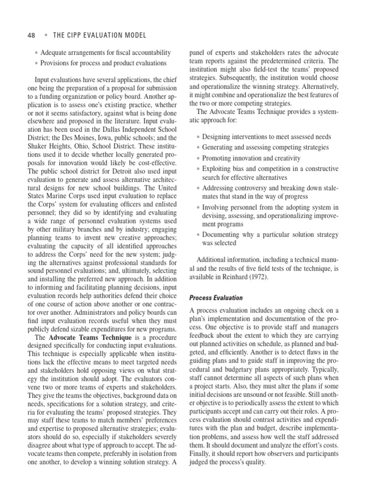 CIPP Evaluation Model Overview | PDF | Evaluation | Program Evaluation