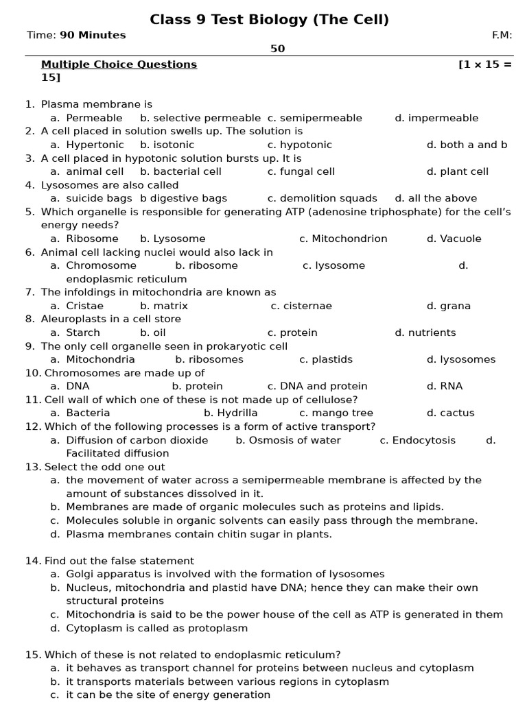 Class 9 Cell Biology Full Test | PDF | Cell (Biology) | Cytoplasm