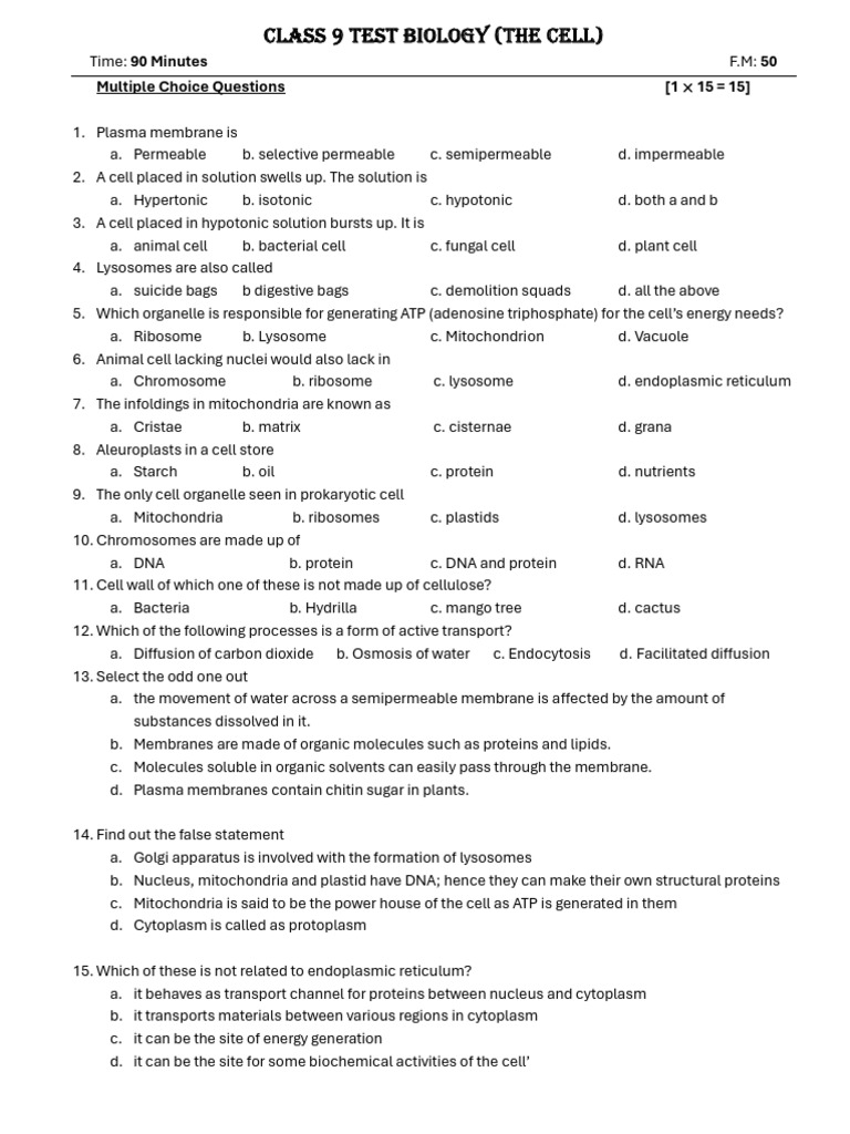 Class 9 Biology Test: The Cell Concepts | PDF | Cell (Biology) | Cytoplasm