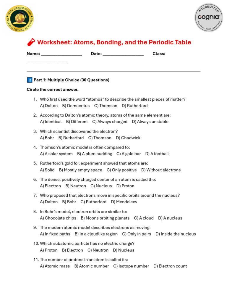 Atoms and Periodic Table Worksheet | PDF | Atoms | Periodic Table