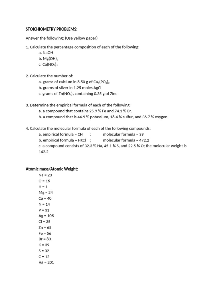 Stoichiometry Problems | PDF