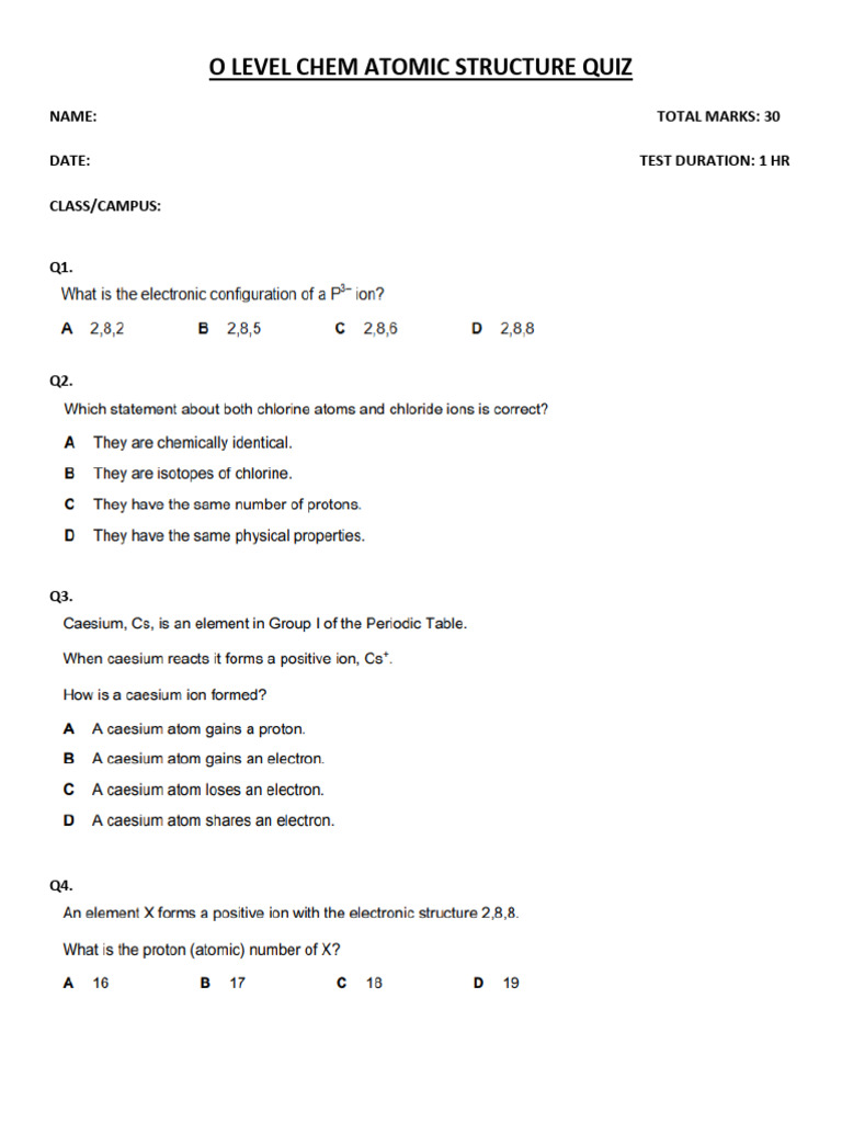 Unit 1 Atomic Structure Quiz (2025) | PDF