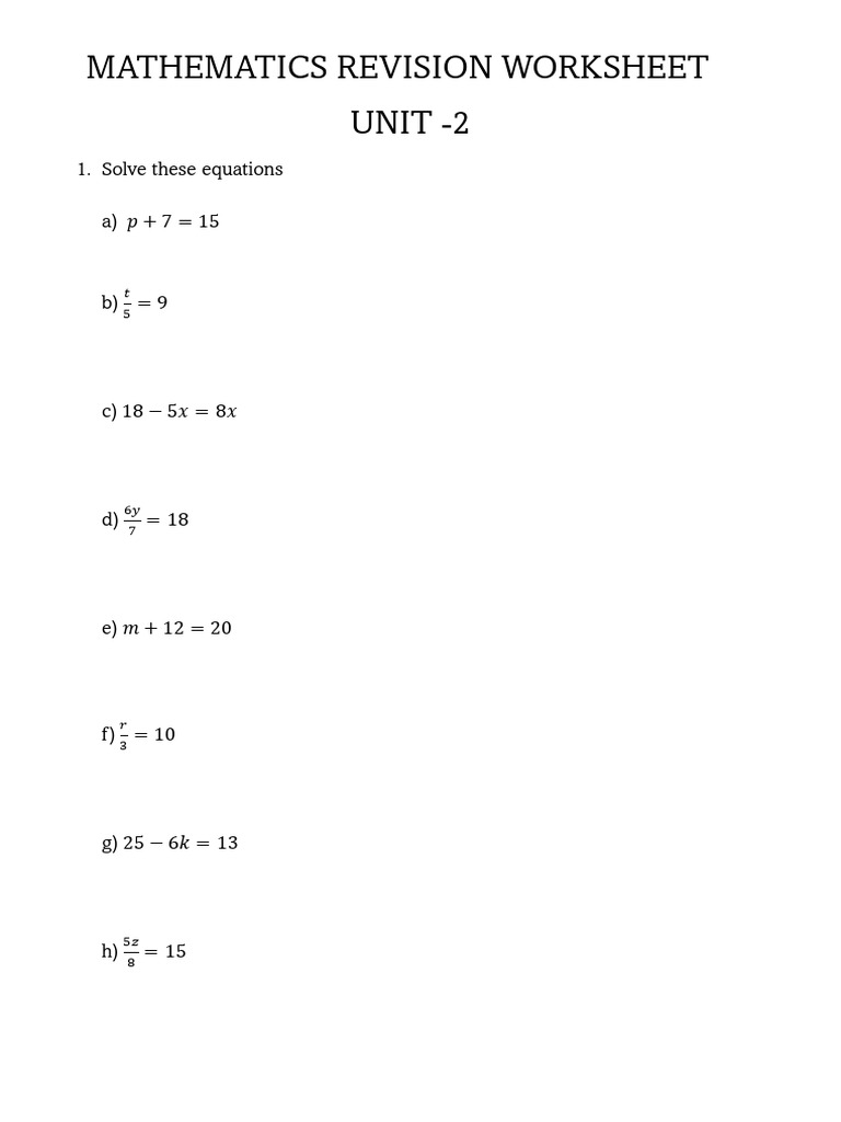 Mathematics Revision Worksheet Unit 2 | PDF | Equations | Mathematics