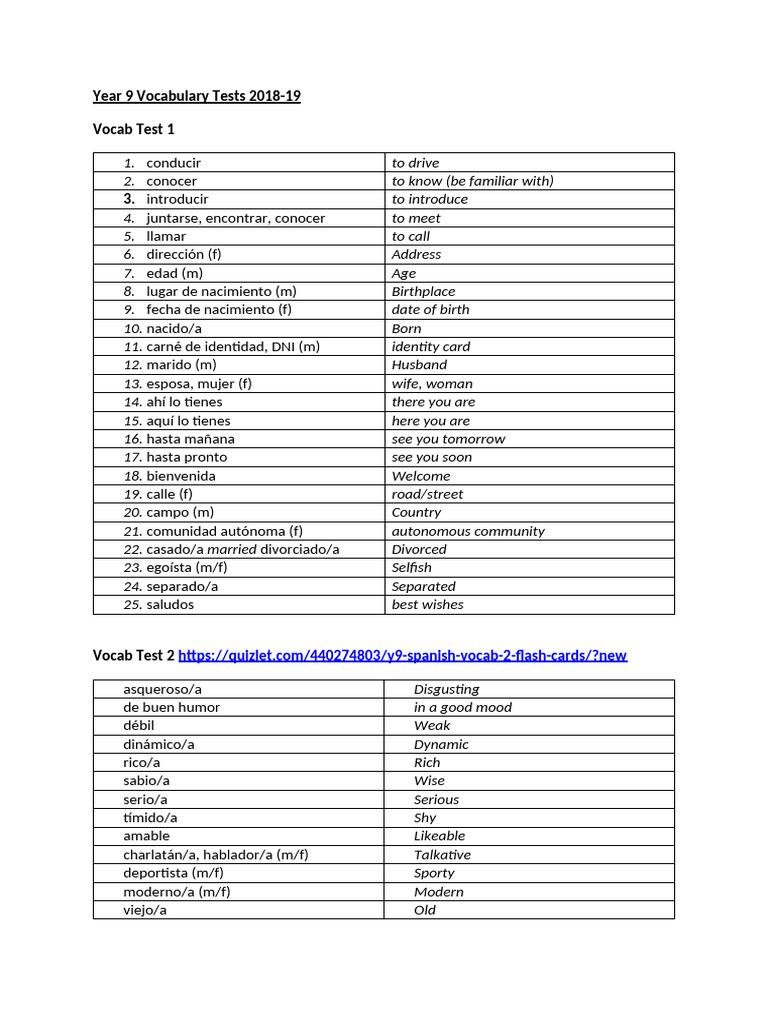 Year 9 Spanish Vocabulary Tests 2018_19 4 | PDF