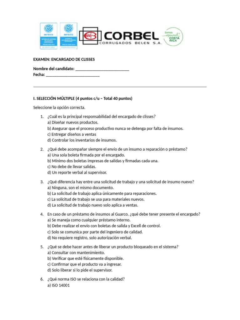 Examen Clisses y Troqueles para Puesto Descrito en Proceso | PDF ...