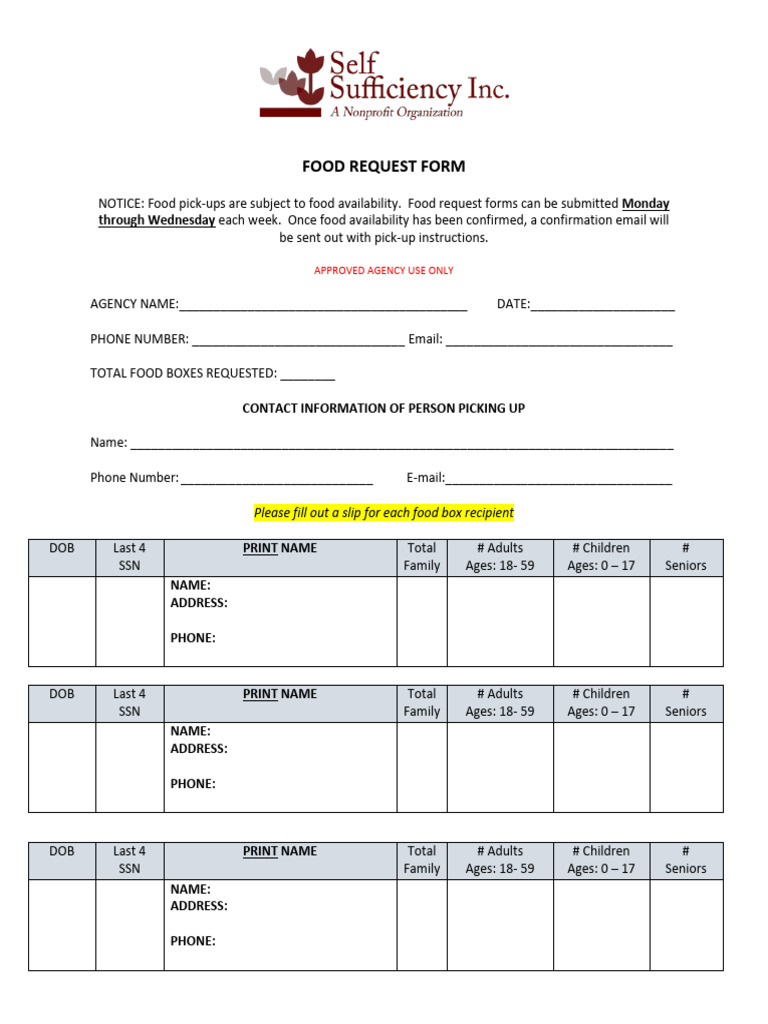Food Request Form for Agencies | PDF