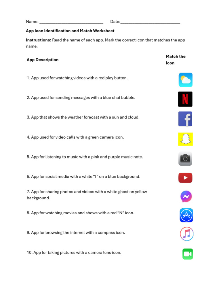 App Icon Identification and Match Worksheet | PDF