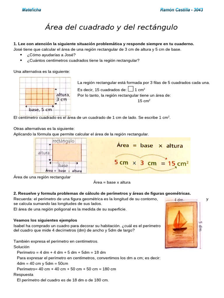 Ficha-Área Del Cuadrado y Del Rectángulo-4to Grado | PDF | Rectángulo ...