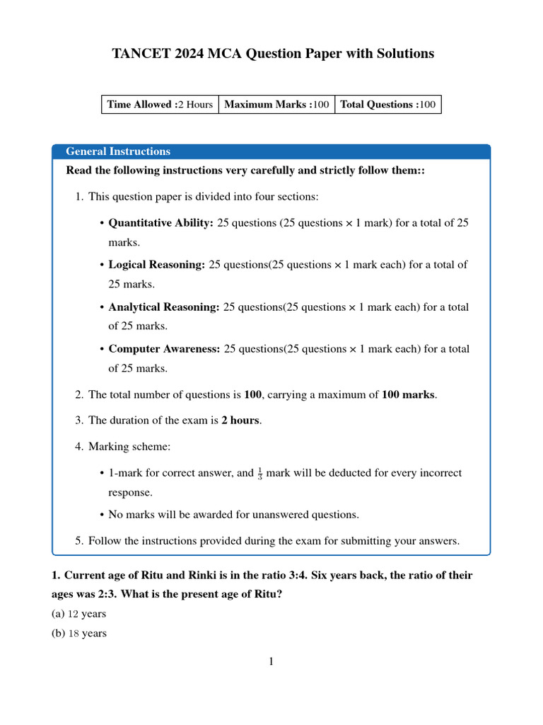 Tancet 2024 MCA Question Paper With Solutions | PDF | Matrix ...