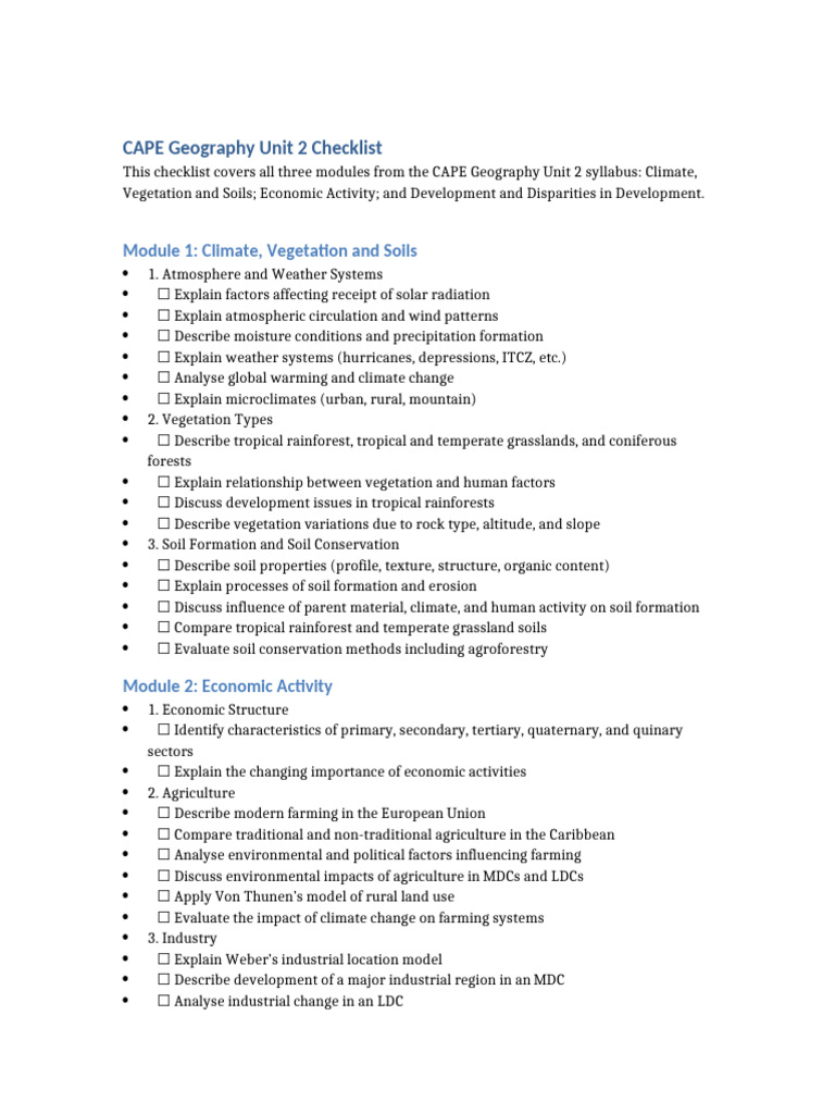 CAPE Geography Unit2 Checklist | PDF | Soil | Tropics