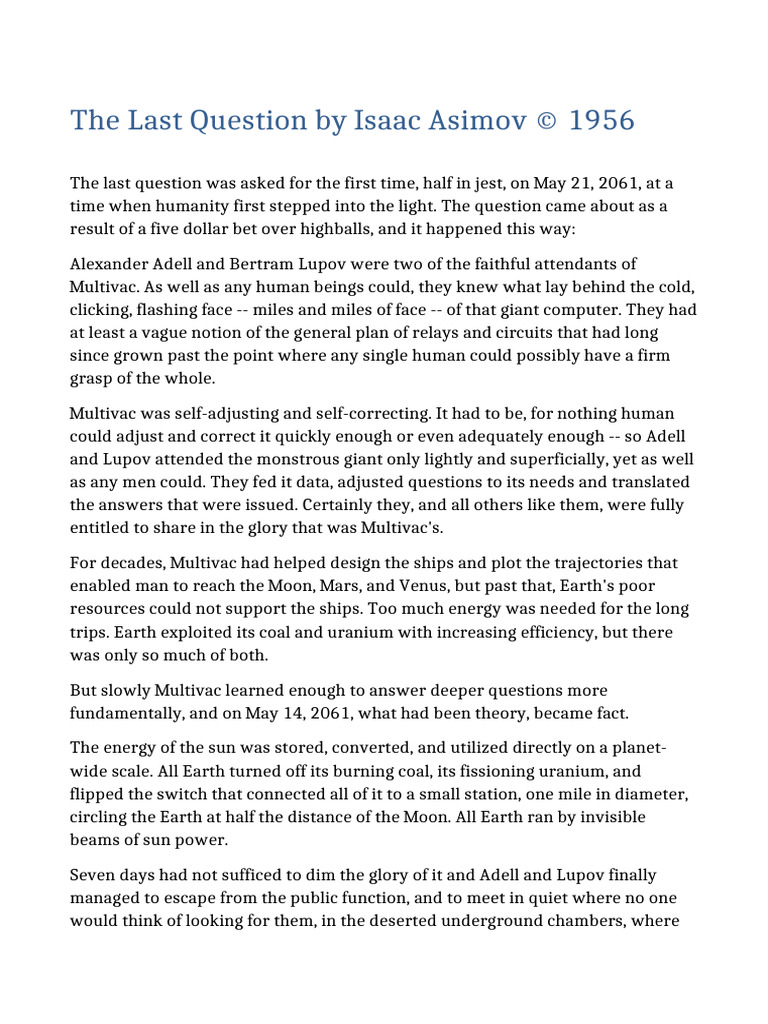 The Last Question by Isaac Asimov (1956) | PDF | Universe | Galaxy