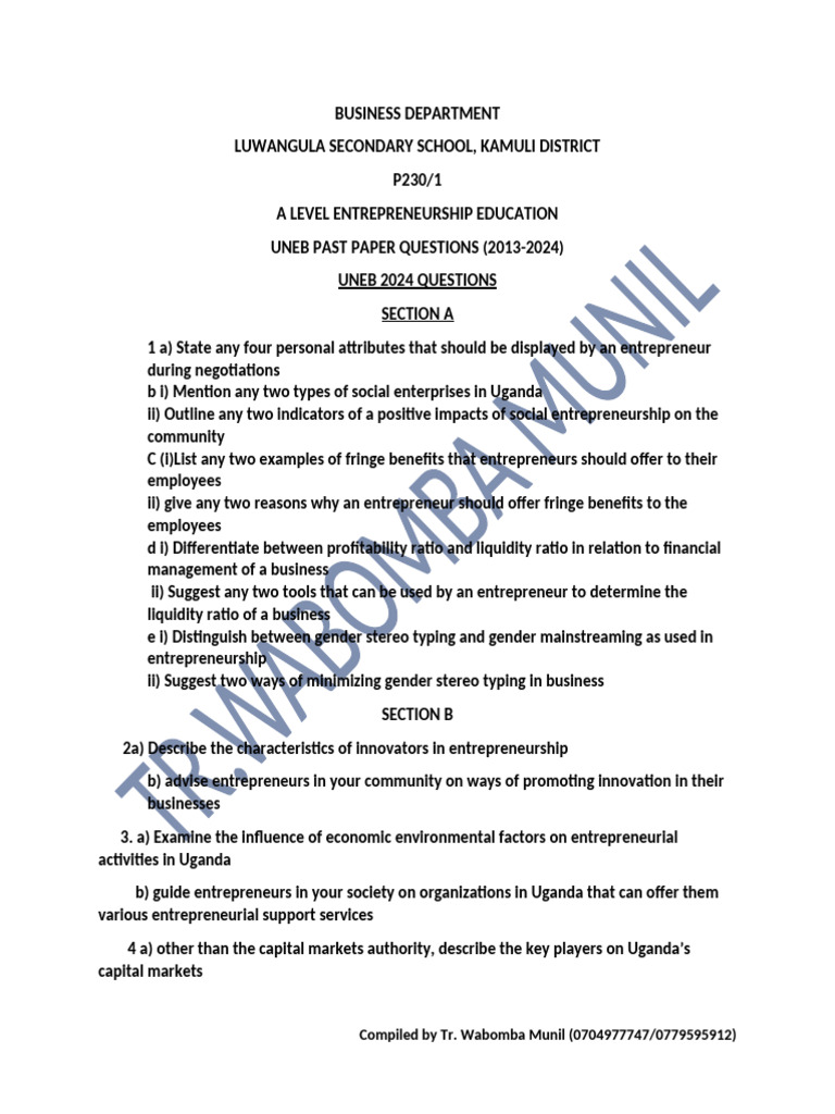 Ent 1 Past Papers 2013-2024 | PDF | Entrepreneurship | Social ...
