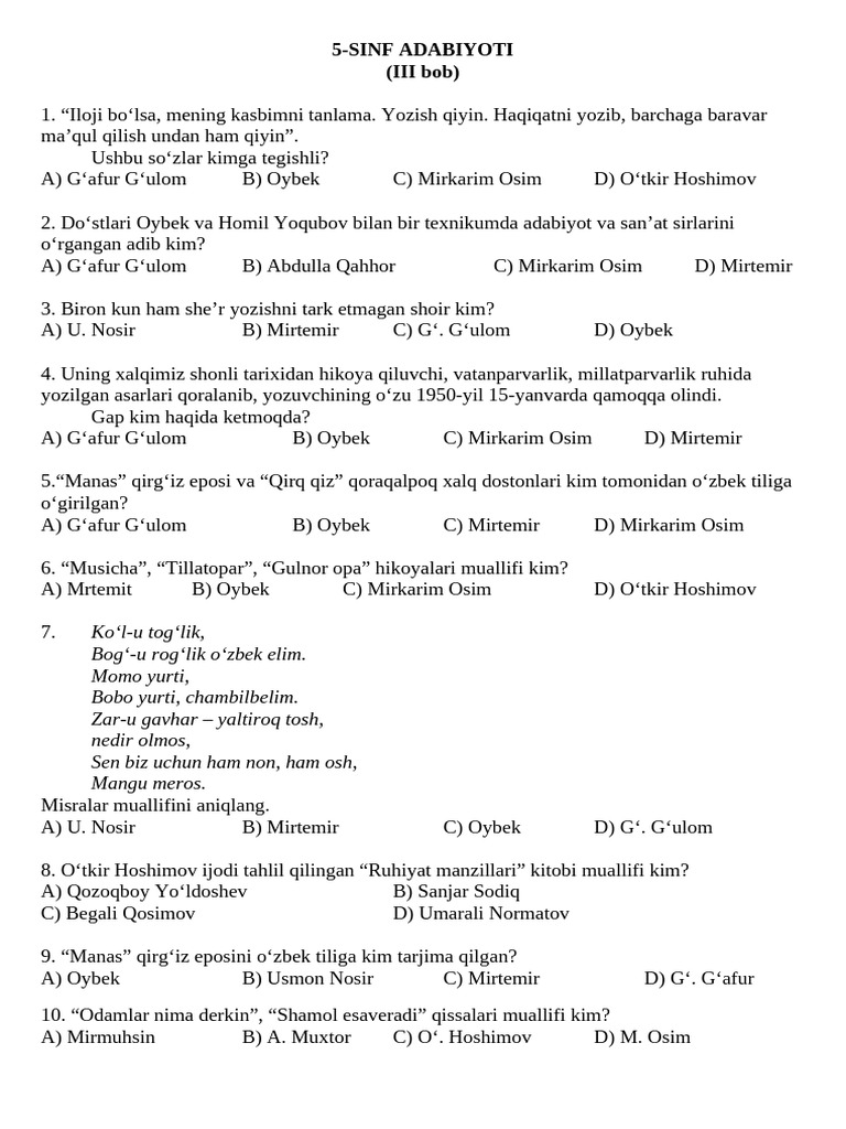 5-Sinf 3-Bob Test | PDF