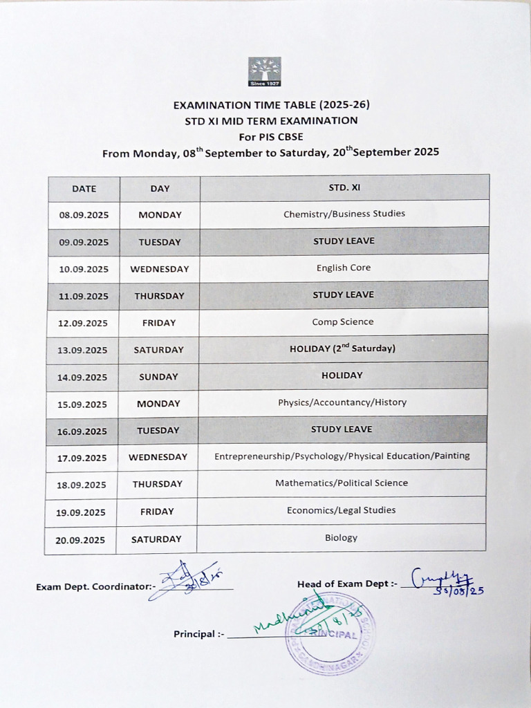 Std 11 Mid Term Examination Time Table | PDF