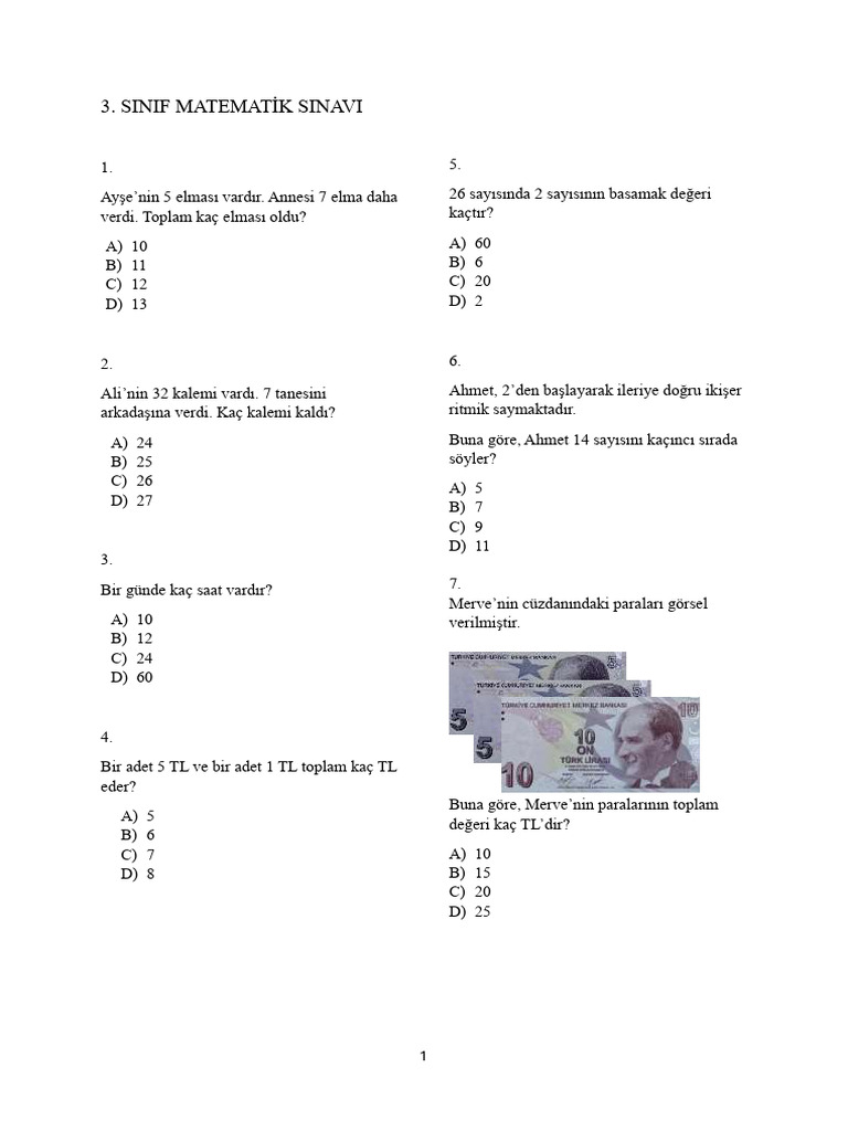 3.Sınıf Mat. Sınavı | PDF