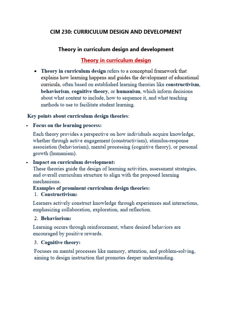 Curriculum Design and Development Notes CIM 230 | PDF | Constructivism ...