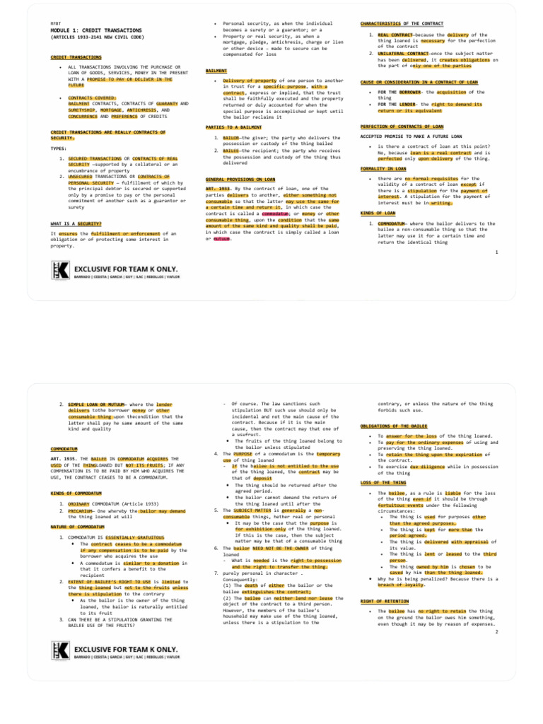 1 Credit Transactions Commodatum Mutuum - Compress | PDF | Interest | Loans
