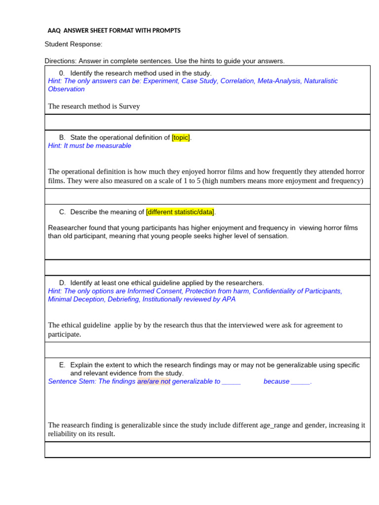 Aaq Answer Sheet Format With Prompts (4) | PDF