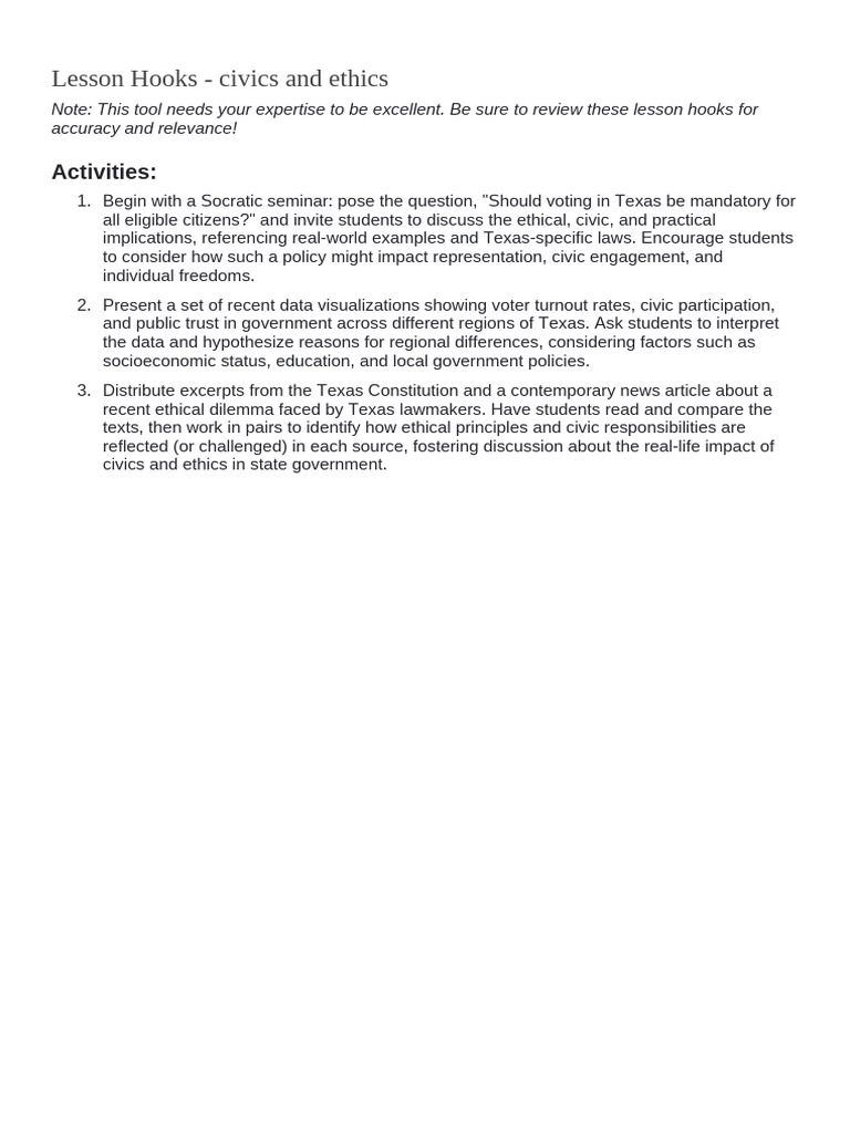Lesson Hooks - Civics and Ethics | PDF