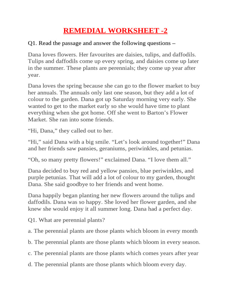 Remedial Worksheet 2 (Class 5) | PDF | Botany | Plants