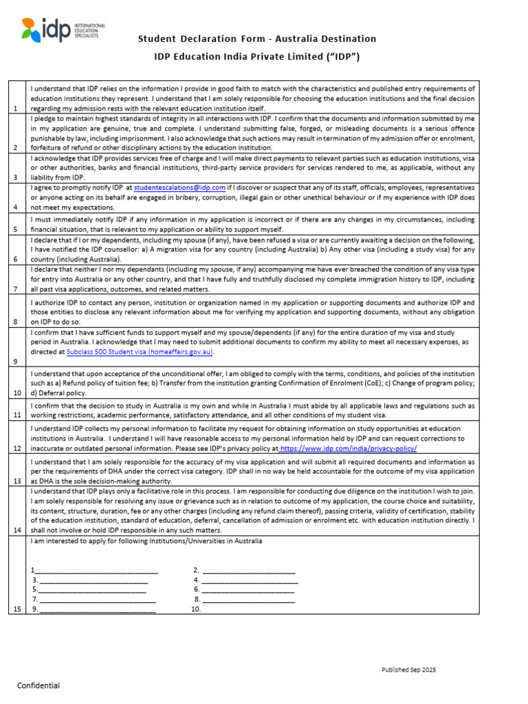 IDP Student Declaration | PDF | Travel Visa | Justice