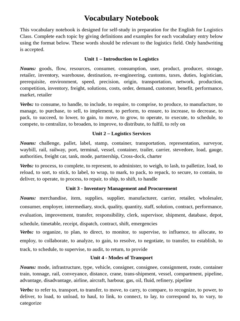 Vocabulary Notebook - Lists of Words Unit 1-4 | PDF | Logistics | Economies