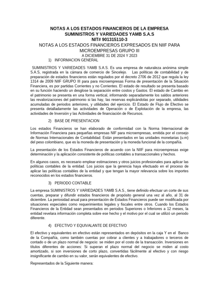 Notas Financieras YAMB S.A.S. 2023-2024 | PDF | Estado financiero ...