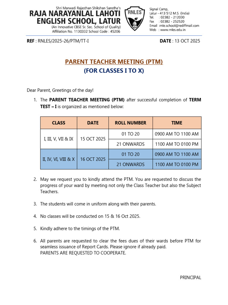 PTM Schedule for Classes I-X: Oct 2025 | PDF