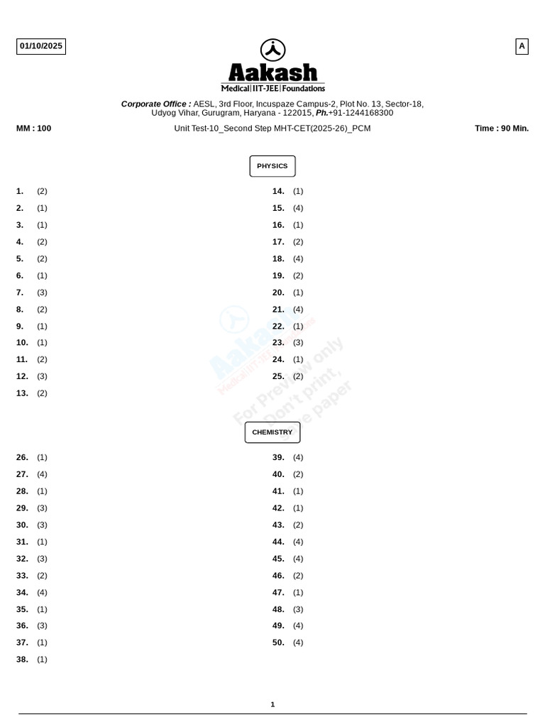 Unit Test-10_Second Step MHT-CET(2025-26)_PCM_Ans Key | PDF | Chemical ...