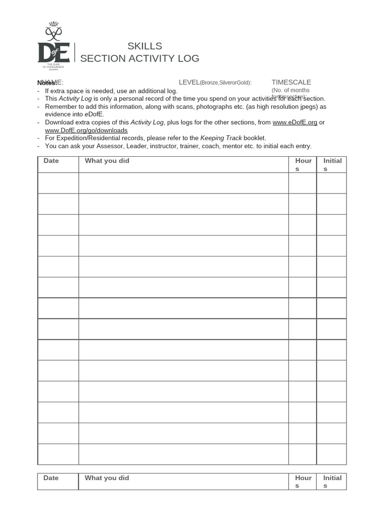 DofE Skills Section Activity Log | PDF