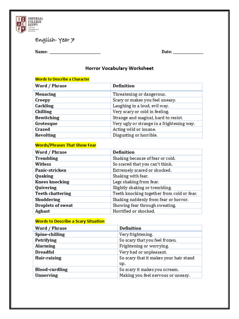 40 Copies - BB-Horror - Vocabulary - Worksheet - Final | PDF | Fear