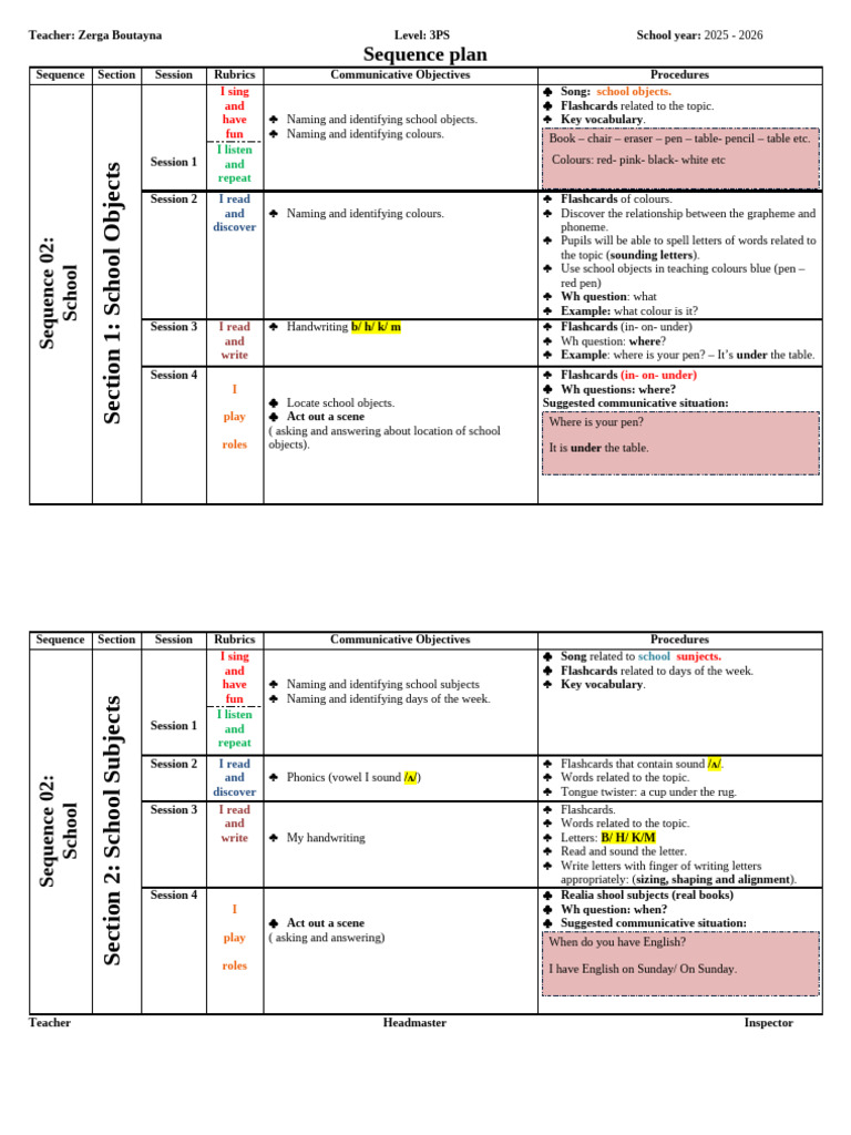 3PS School Objects and Subjects Plan | PDF | English Language | Writing