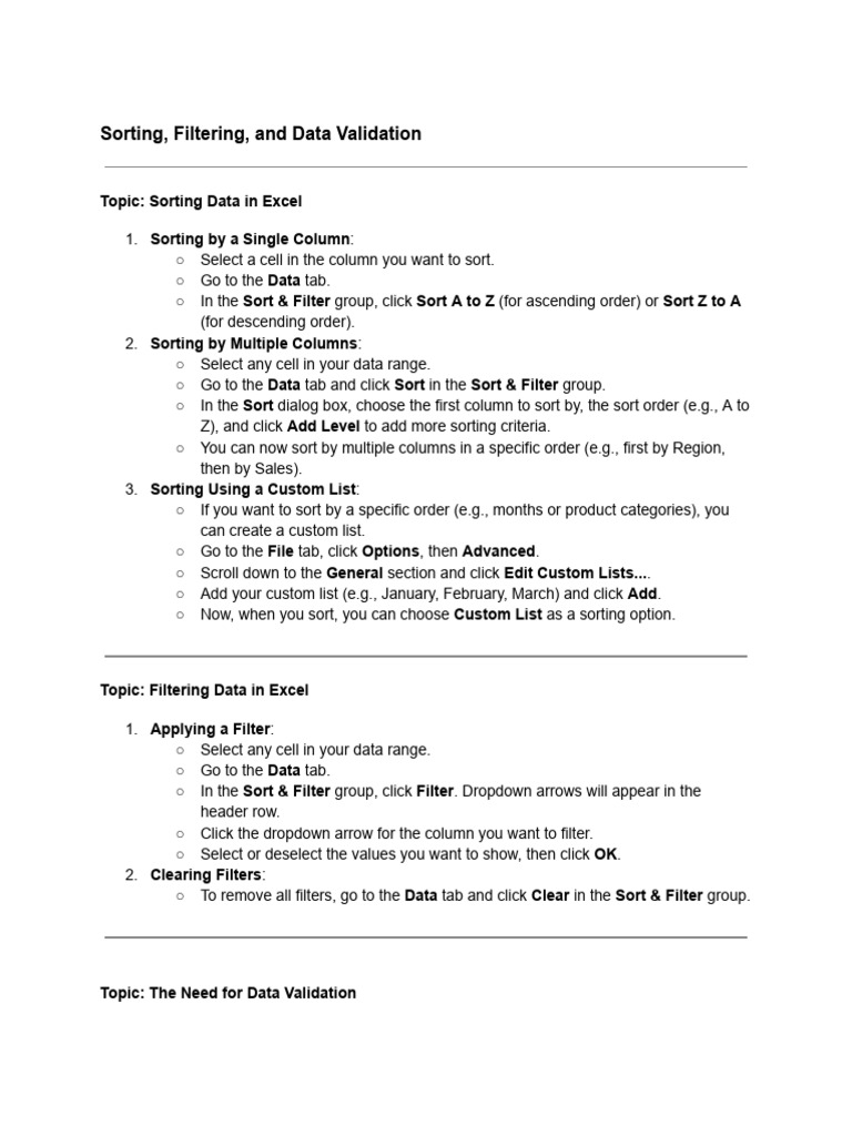 Excel Data Management: Sorting & Validation | PDF | Microsoft Excel ...
