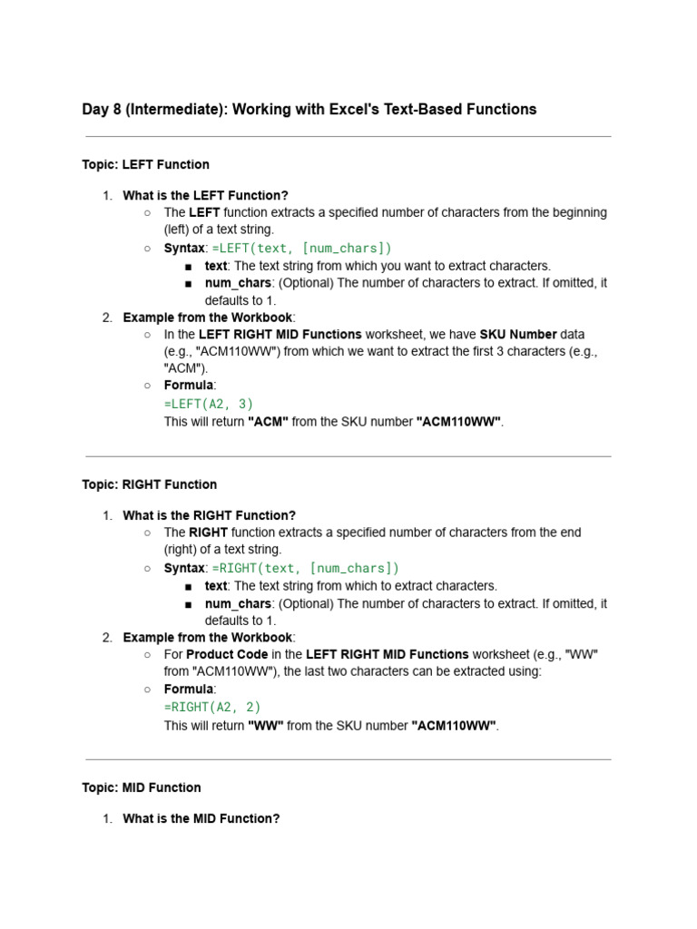 Day 8 (Intermediate) - Working With Text Functions - Notes | PDF ...