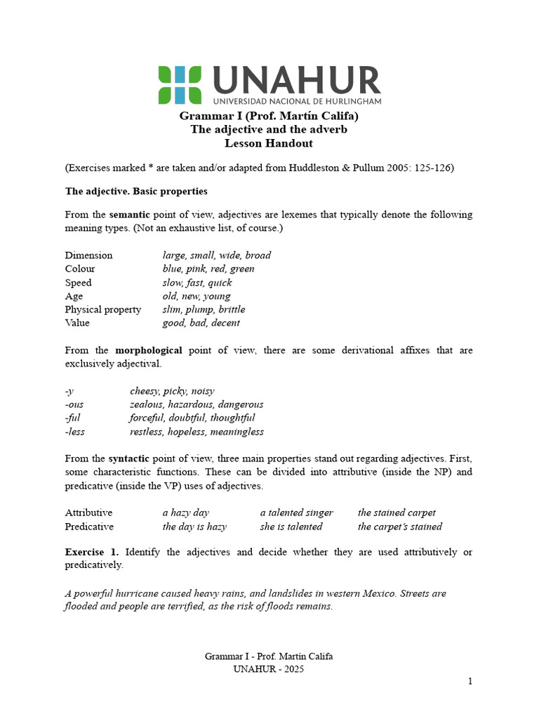 The Adjective and The Adverb - Teacher's Handout (2025) | PDF ...