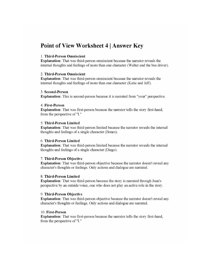 Point of View Worksheet 4 Answer | PDF