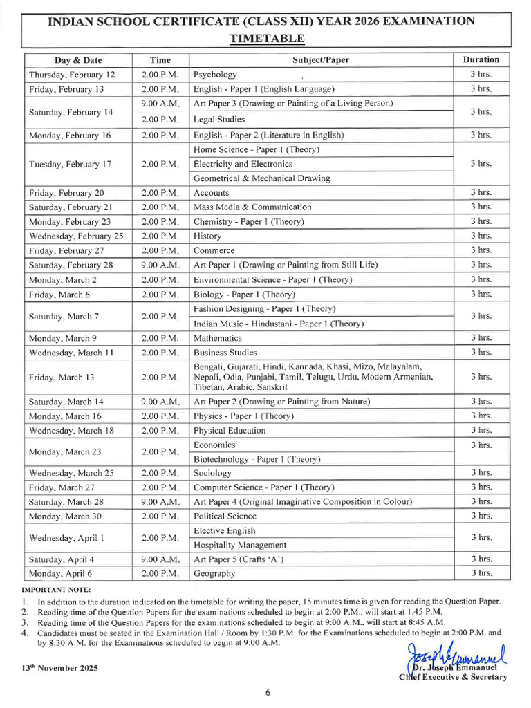 Time Table ISC 2026.PDF 12 TH | PDF