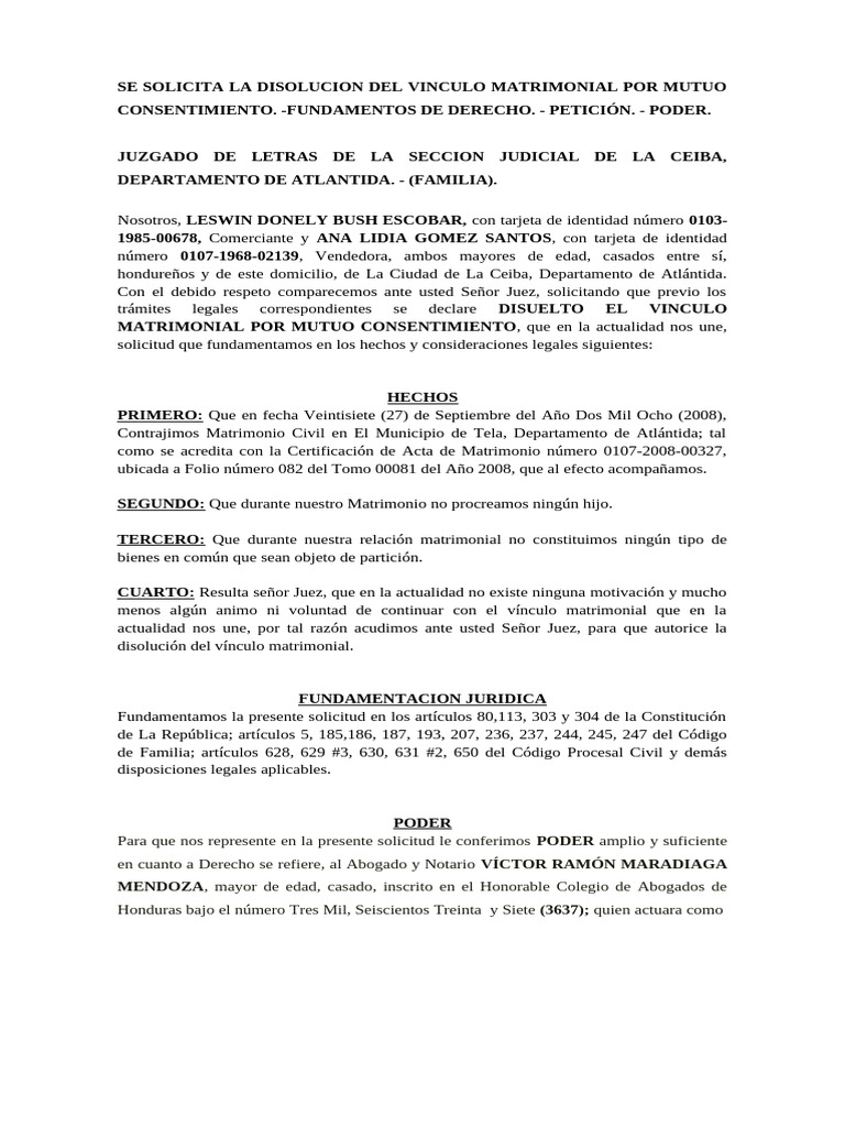 EXP #38 DIVORCIO POR MUTUO LESWIN BUSH ESCOBAR | PDF | Divorcio ...